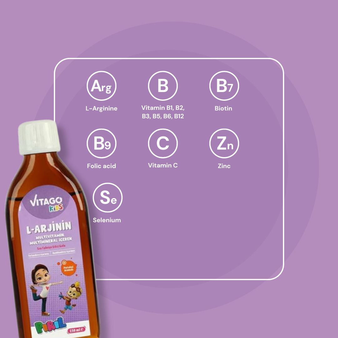 Vitago Kids L-Arginine Multivitamin Liquid for Girl, Orange Flavored ...