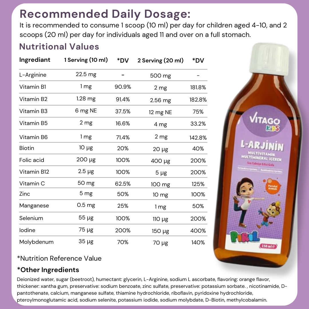 Vitago Kids L-Arginine Multivitamin Liquid for Girl, Orange Flavored ...